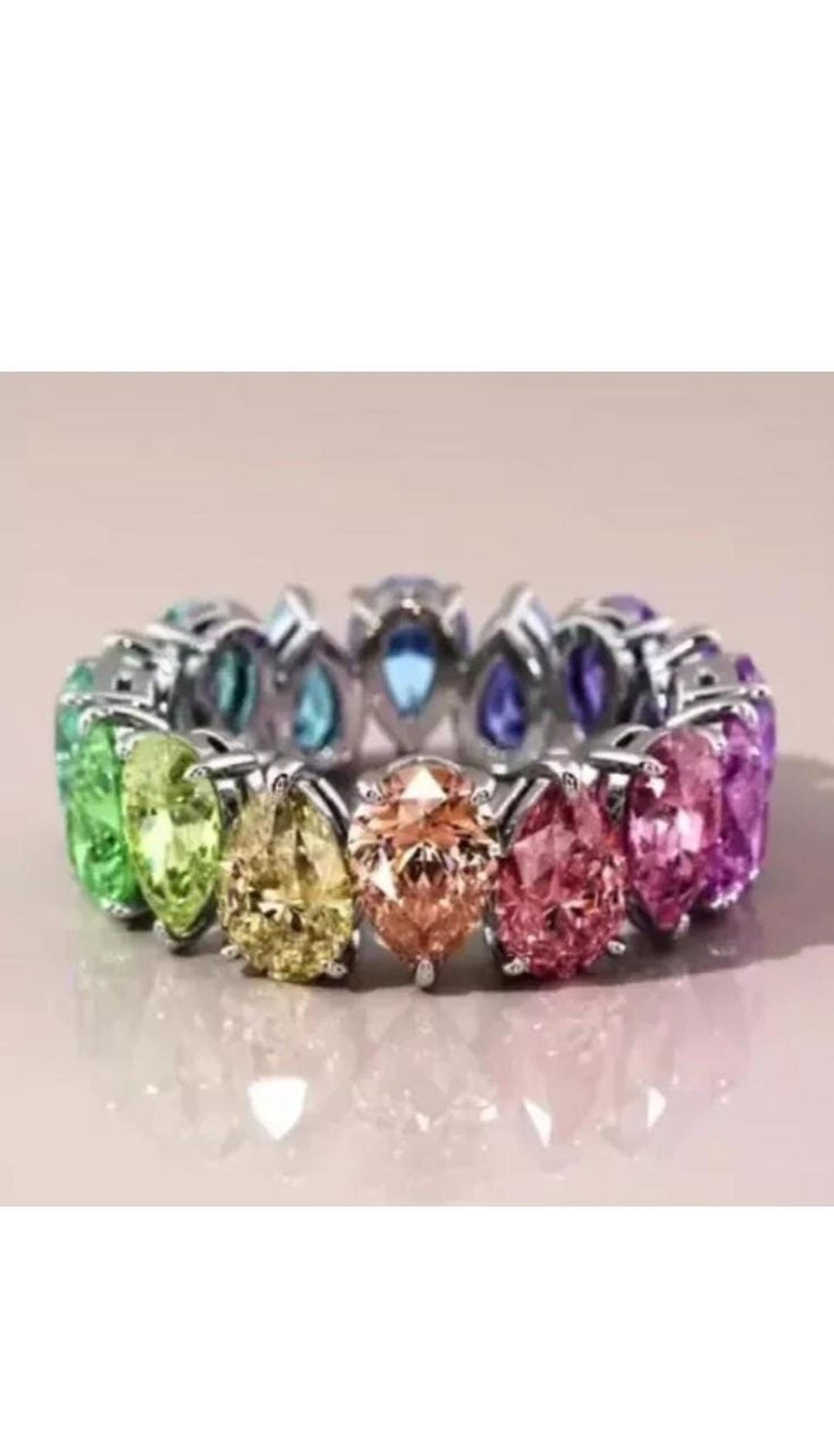Rainbow Eternity Band, Up-down Teardrop Band Ring, Colorful Pear Cut CZ ...