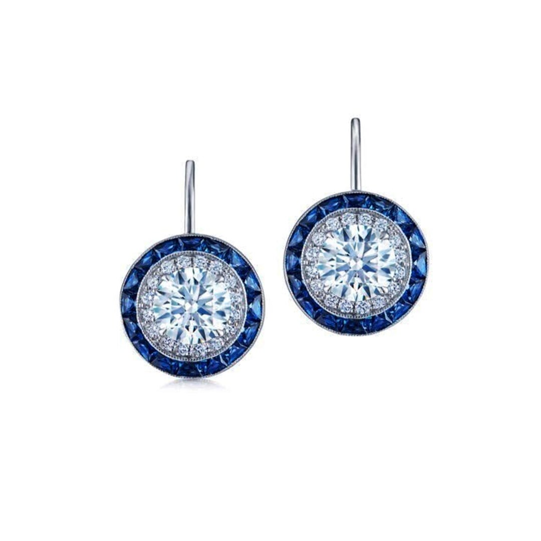 Double Halo Dangle Drop Earring, Blue Baguette & Round CZ Stone Drop ...