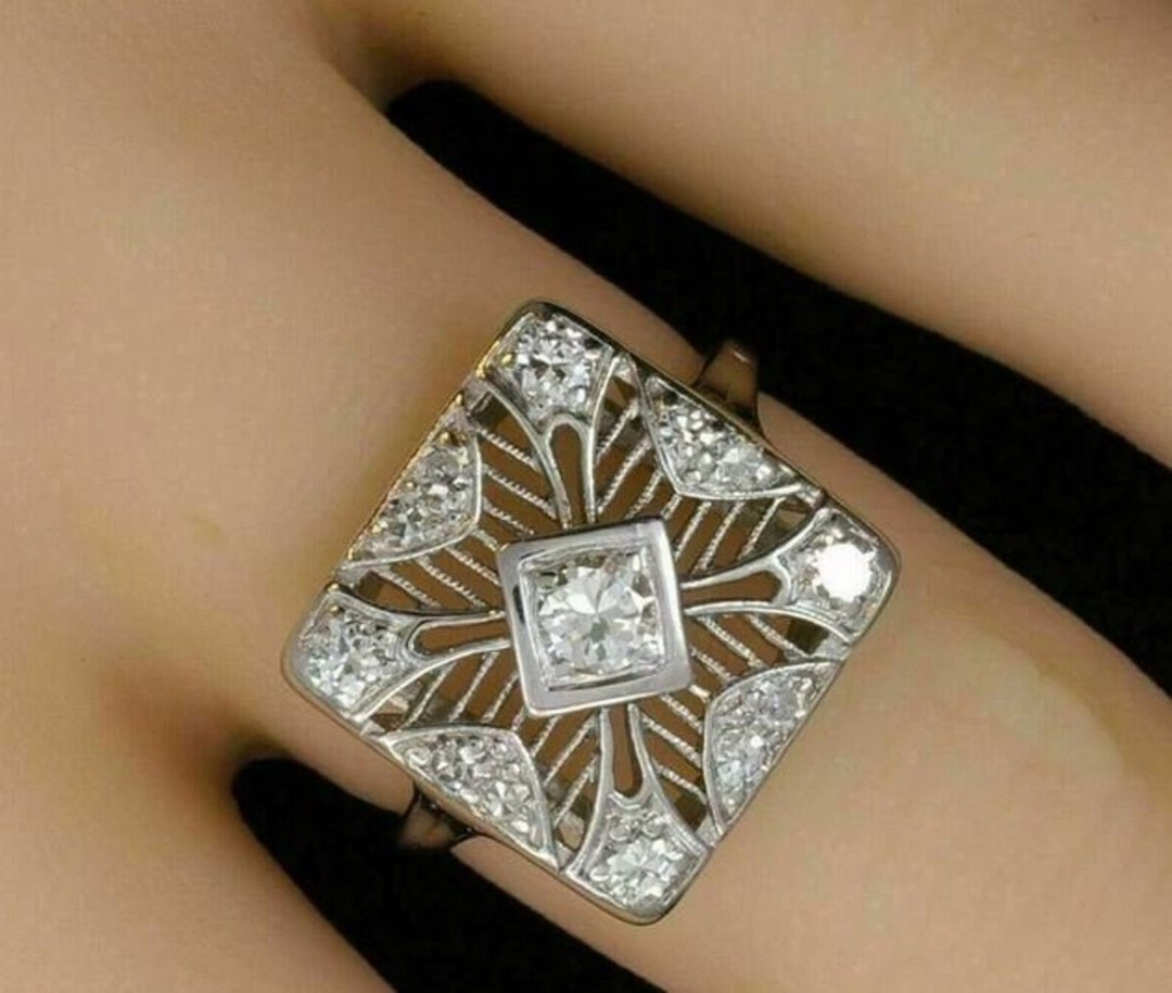 Square Shape Openwork Ring, Antique Edwardian Filigree Ring, Round ...