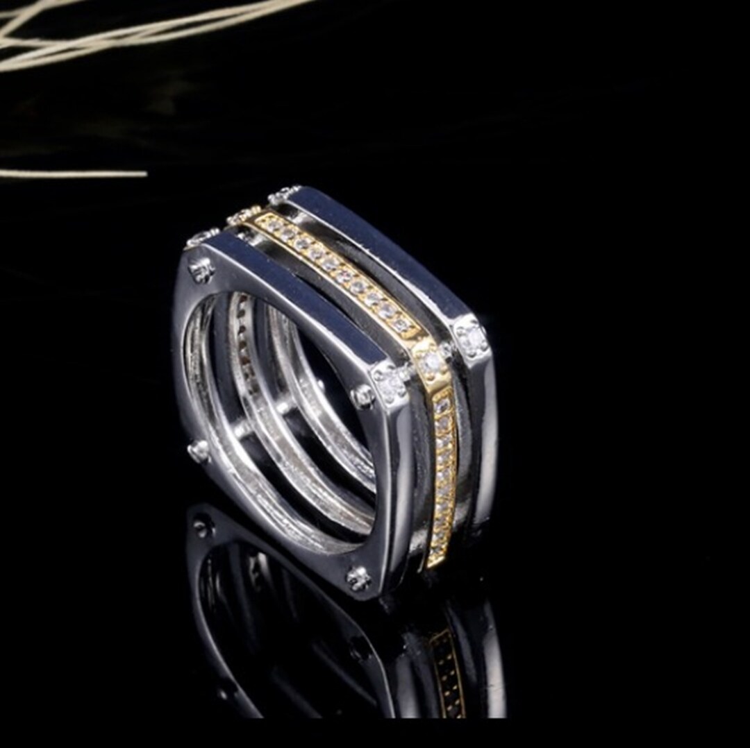 Square Shape Classic Ring for Men's, Round Cut Moissanite Diamond Two ...