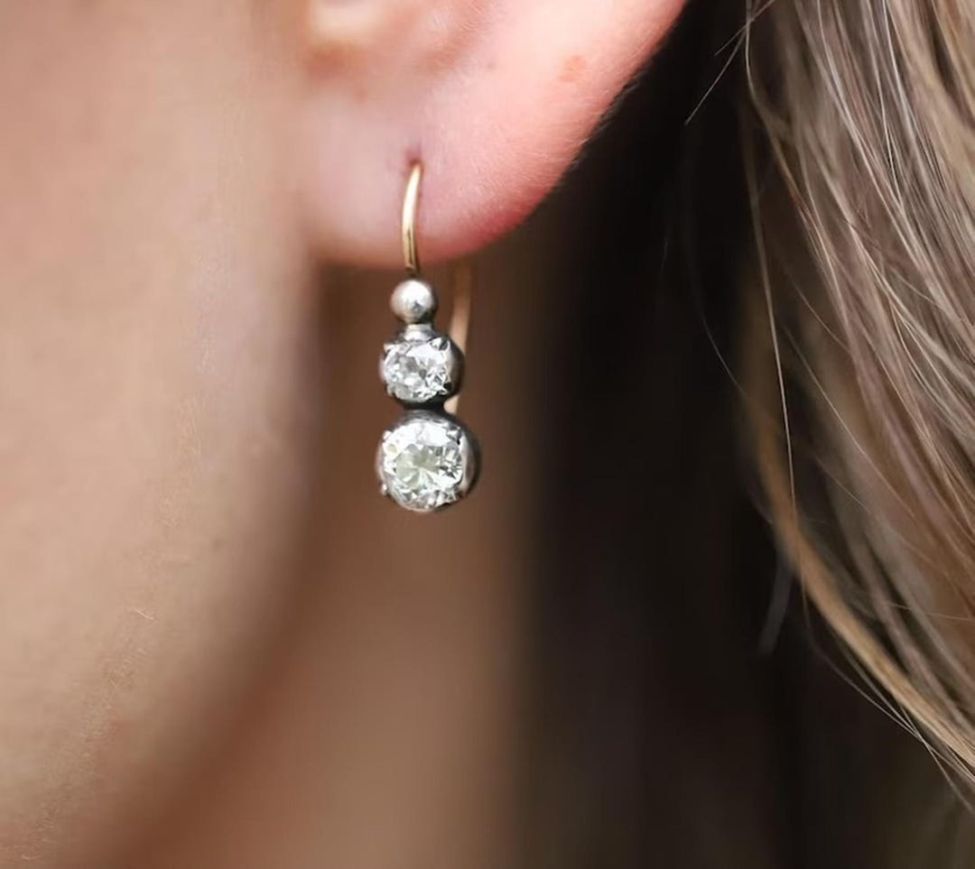 Old European Cut Moissanite Diamond Drop Earring, Two Stone Dangle ...