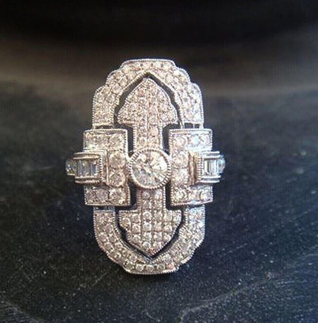 Victorian Lozenge Dinner Ring, Round & Baguette Cut CZ Stone Long ...