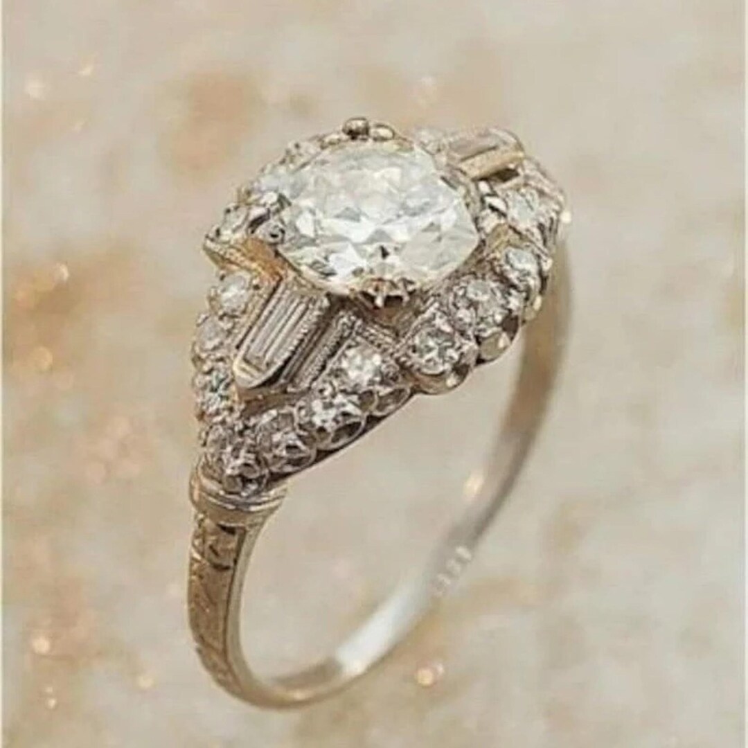 Baguette & Old European Cut CZ Stone Ring, Wedding Engagement Ring, Women's Silver or Gold Ring ...