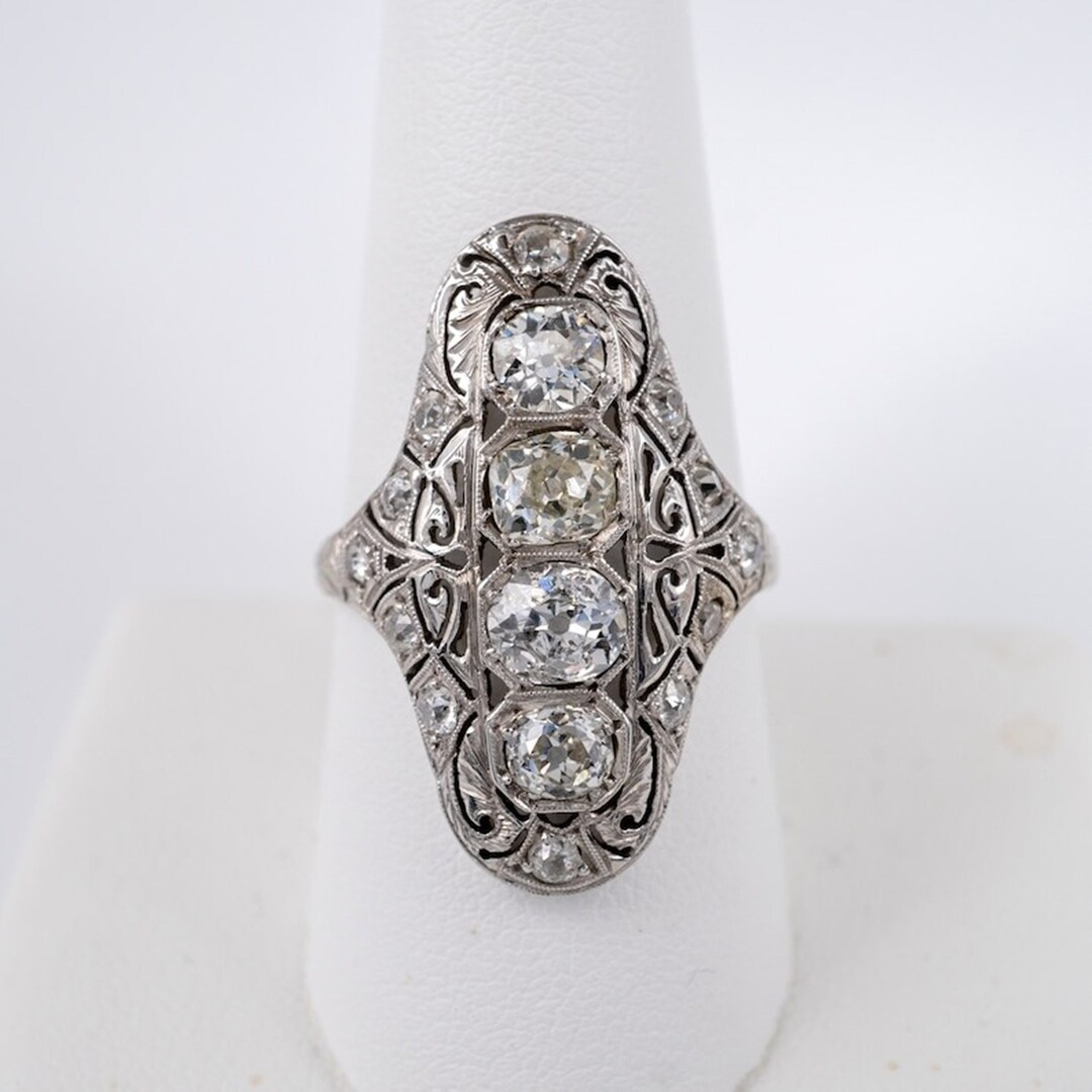 Old European Cut Moissanite Diamond Ring, Antique Edwardian Dinner Ring ...