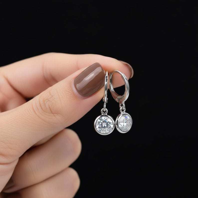 Solitaire Hop Dangle Earring, Minimalist Round Moissanite Diamond Lever ...