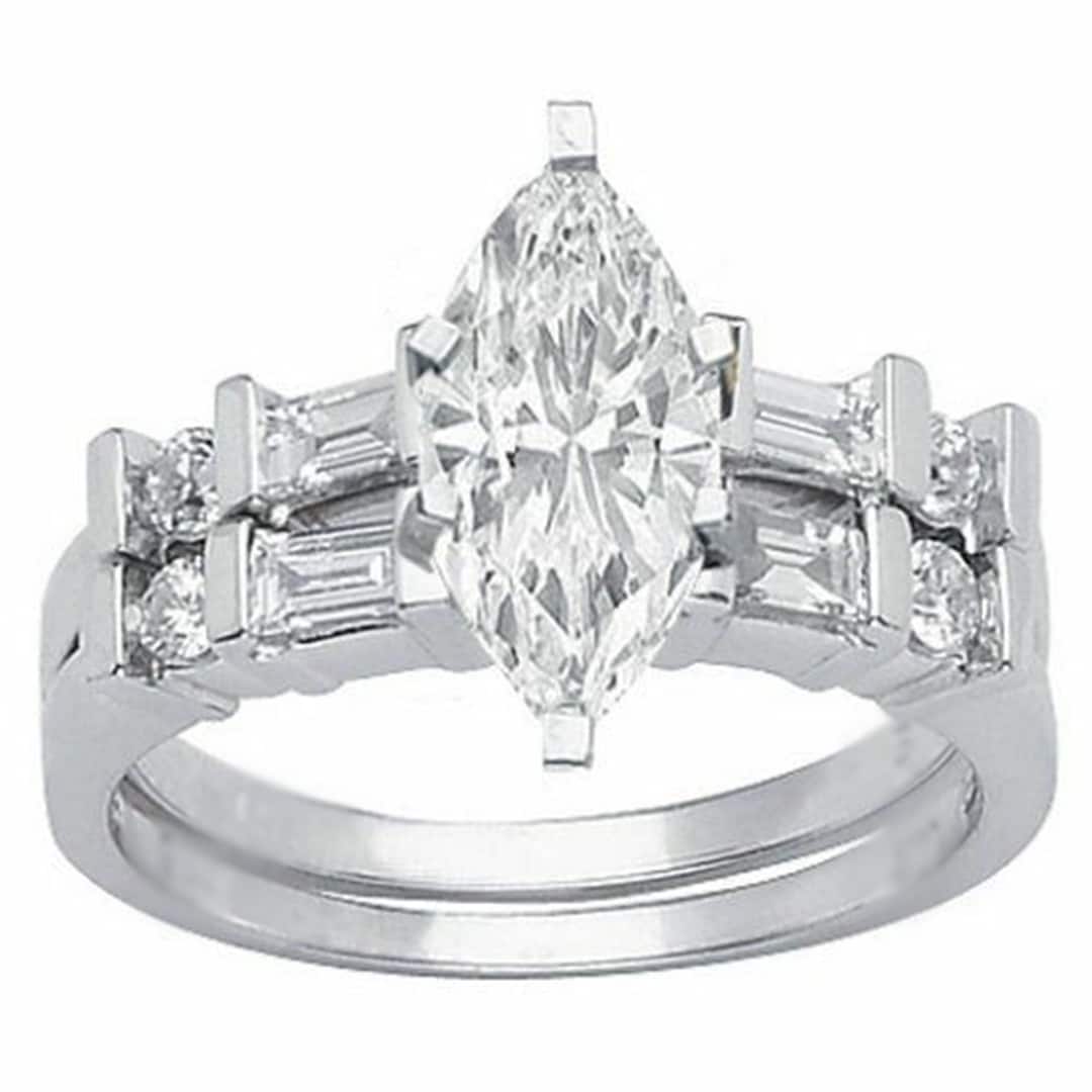 Marquise With Baguette Cut CZ Stone Ring Set, 2 Piece Wedding Bridal ...