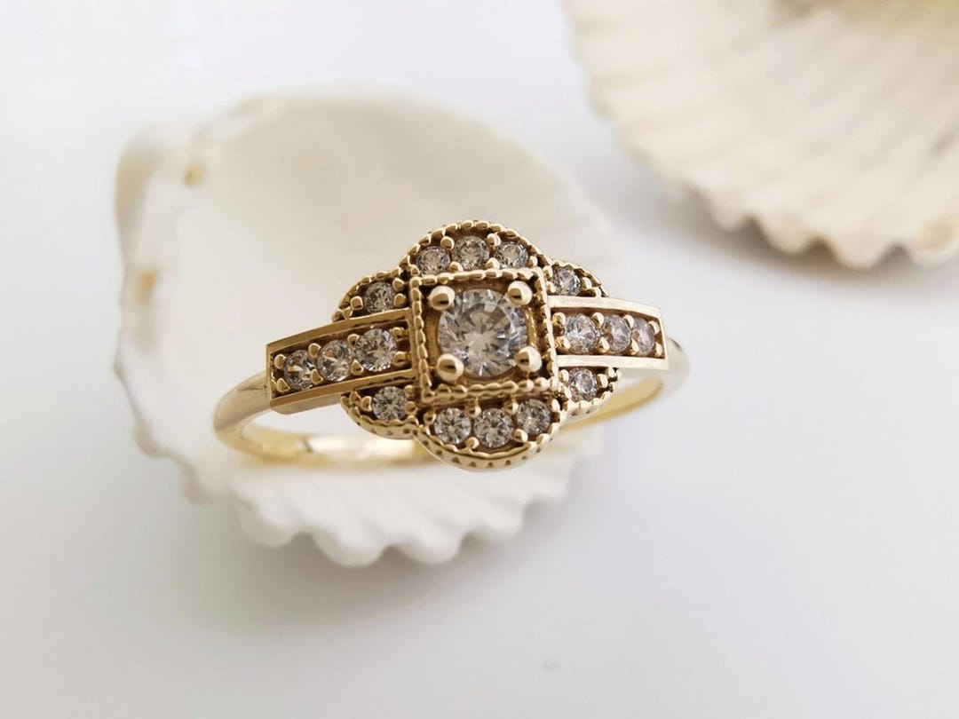 Dainty Art Deco Style Ring, Round Moissanite Diamond 14K Yellow Gold ...
