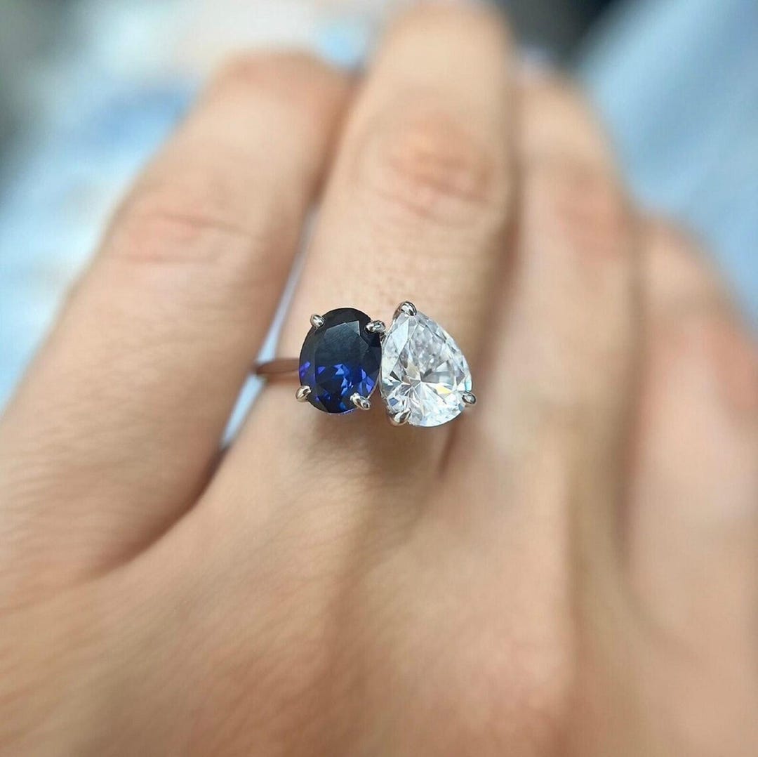 Blue Oval & White Pear Cut CZ Stone Ring, Two Stone Toi Et Moi Ring ...