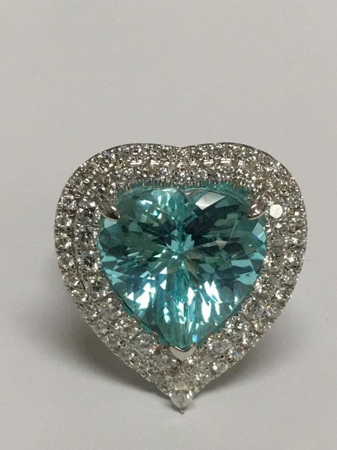 Aquamarine Huge Heart Shape Diamond Ring, Halo Cocktail Ring, Women's ...