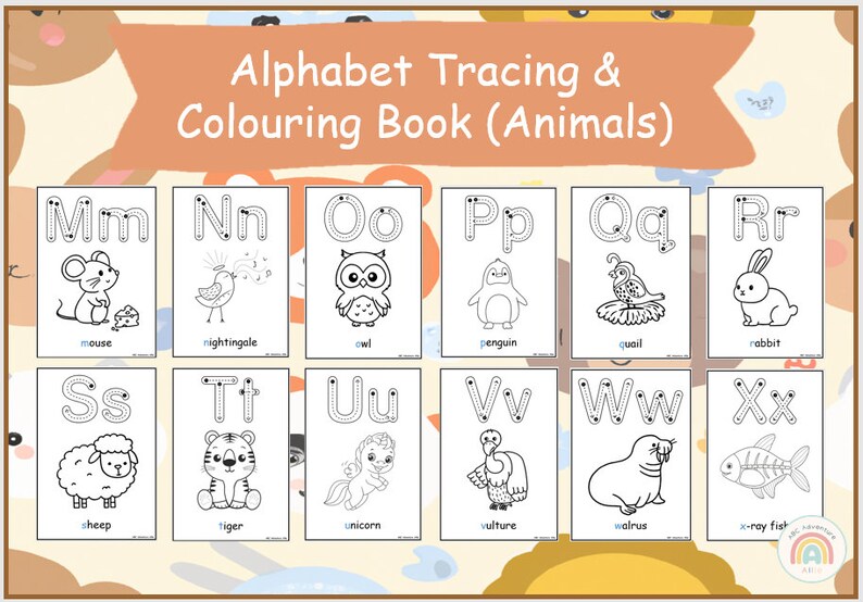 Alphabet Tracing and Colouring Sheets animals - Etsy