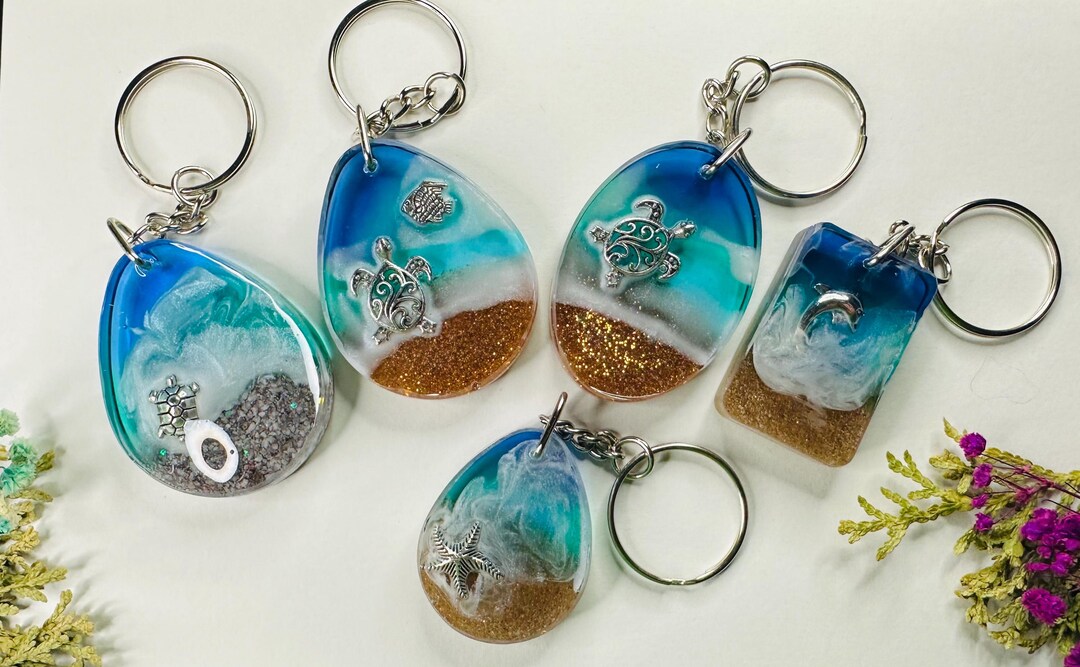 Handmade Ocean Wave Resin Keychains With Turtle and Sea Life Charms ...