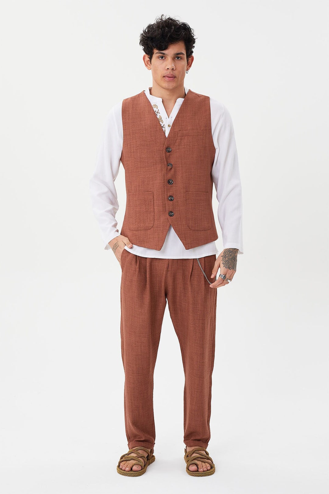 Men Brown Vest, Brown Suit Vest, Linen Suit, Brown Groom Vest, Classic ...