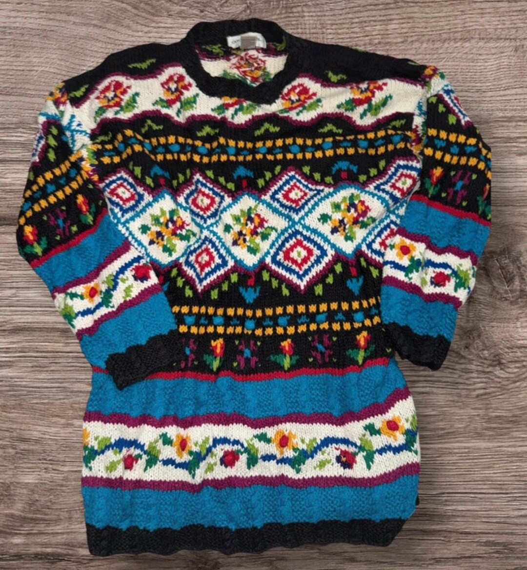 Vintage 1980’s Patterned Angora Wool Mix Chunky Jumper Multicoloured ...