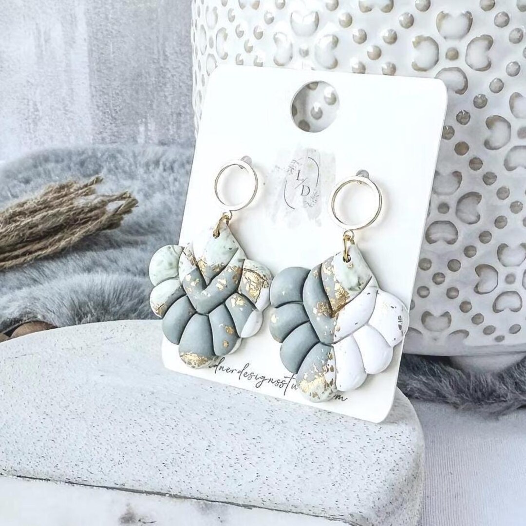 Sage Green Marbled Polymer Clay Earrings | Gold Fleck Dangles - Etsy