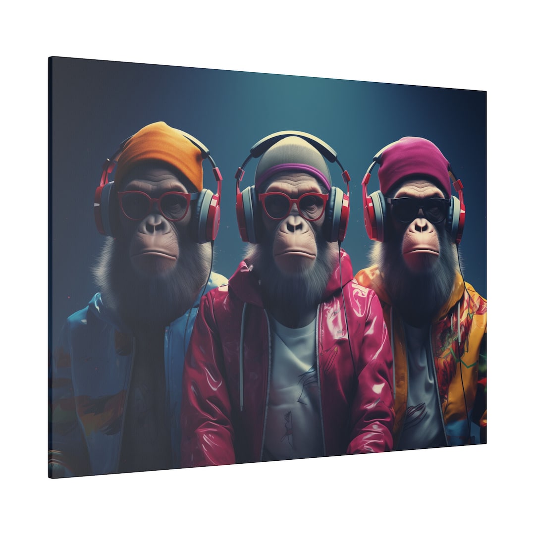 3 Monkeys Wearing Headphones Canvas Monkey Canvas Art Monkey Wall Art ...