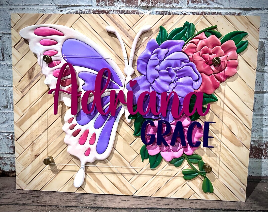 3D Floral Butterfly Name Sign, Custom 3d Name Sign, Personalized Name ...