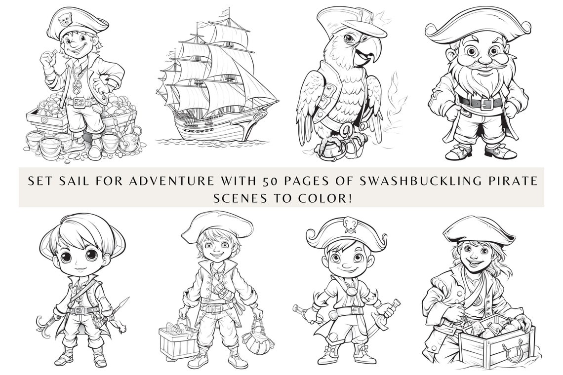 50 Pirate Coloring Pages Kids Adventure Book, Printable Sea Quest ...