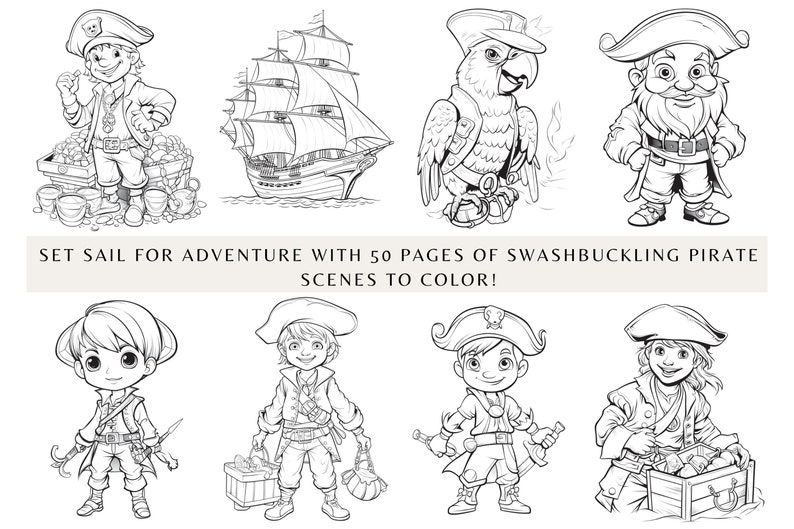 50 Pirate Coloring Pages Kids Adventure Book, Printable Sea Quest ...