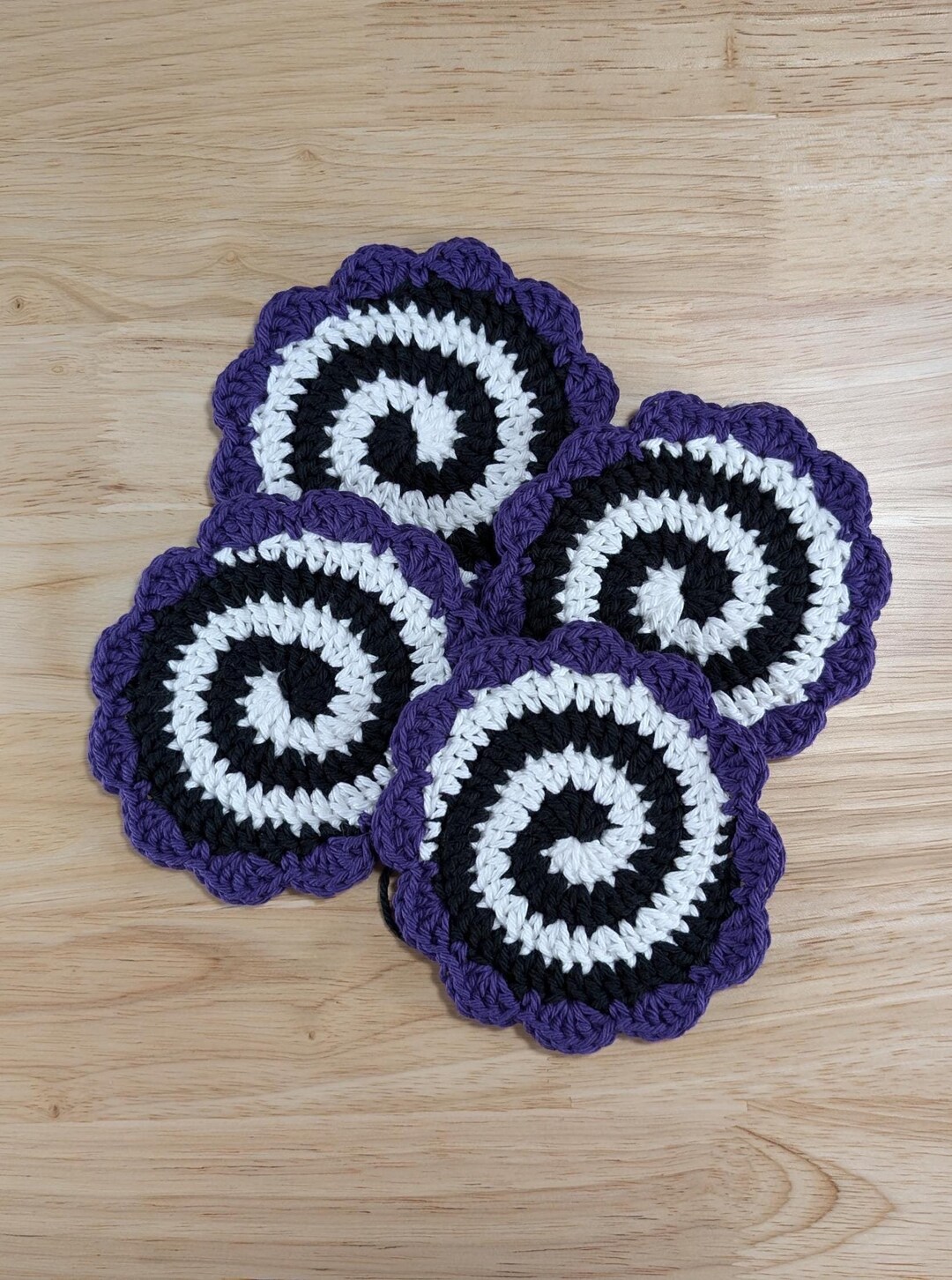 Crochet Spiral Coasters - Set of Four - Black, White, & Purple - Etsy