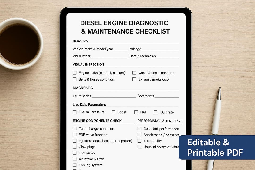Editable I Printable Diesel Engine Diagnostic Checklist | Car ...