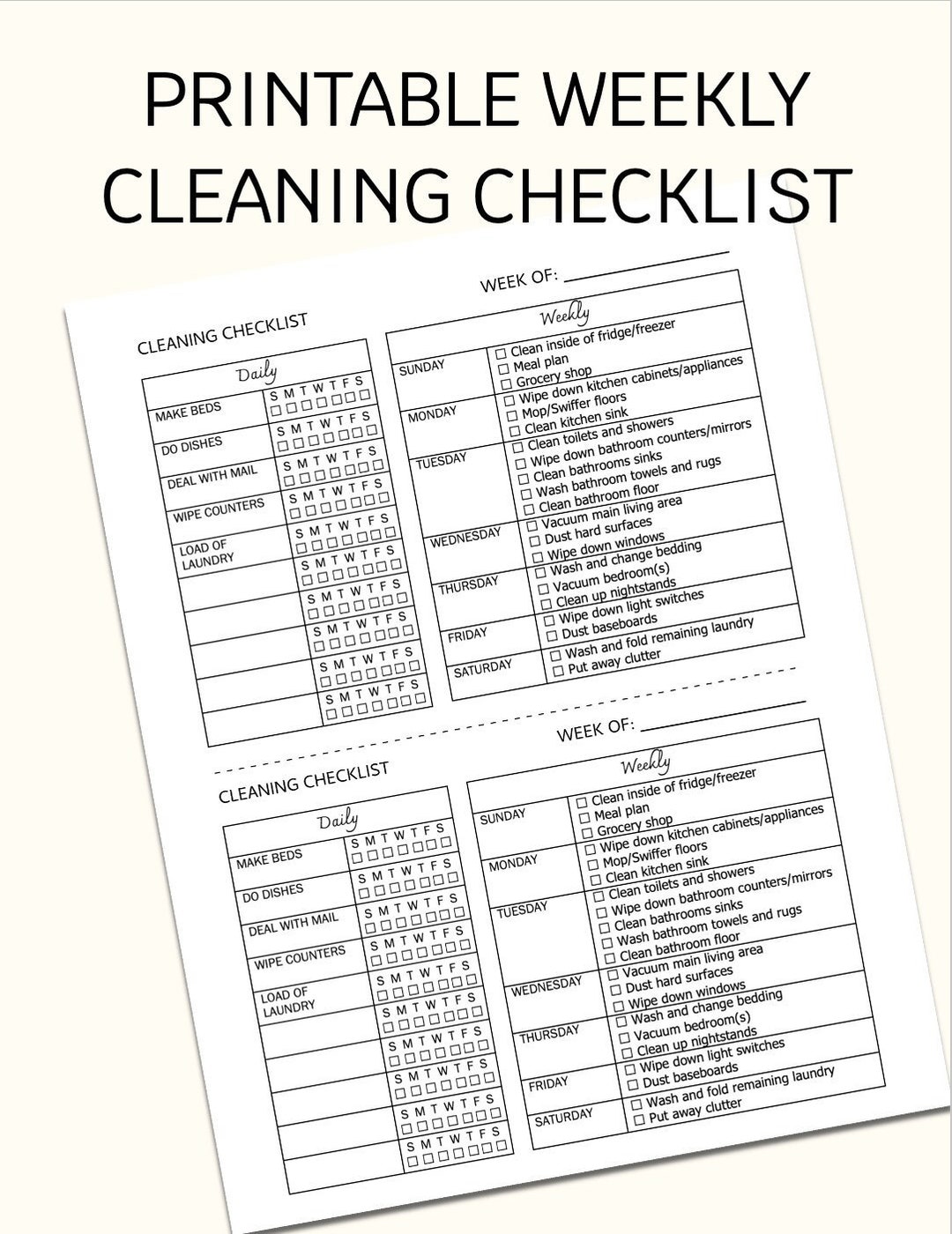 Printable Weekly Cleaning Checklist - Etsy