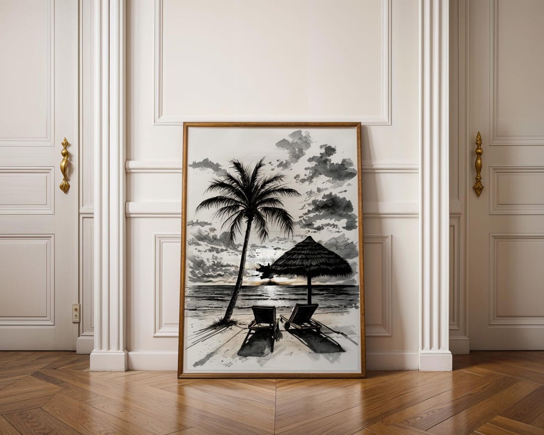 Grayscale Beach Sunrise Print: Vintage Palm Tree Coastal Art (digital ...