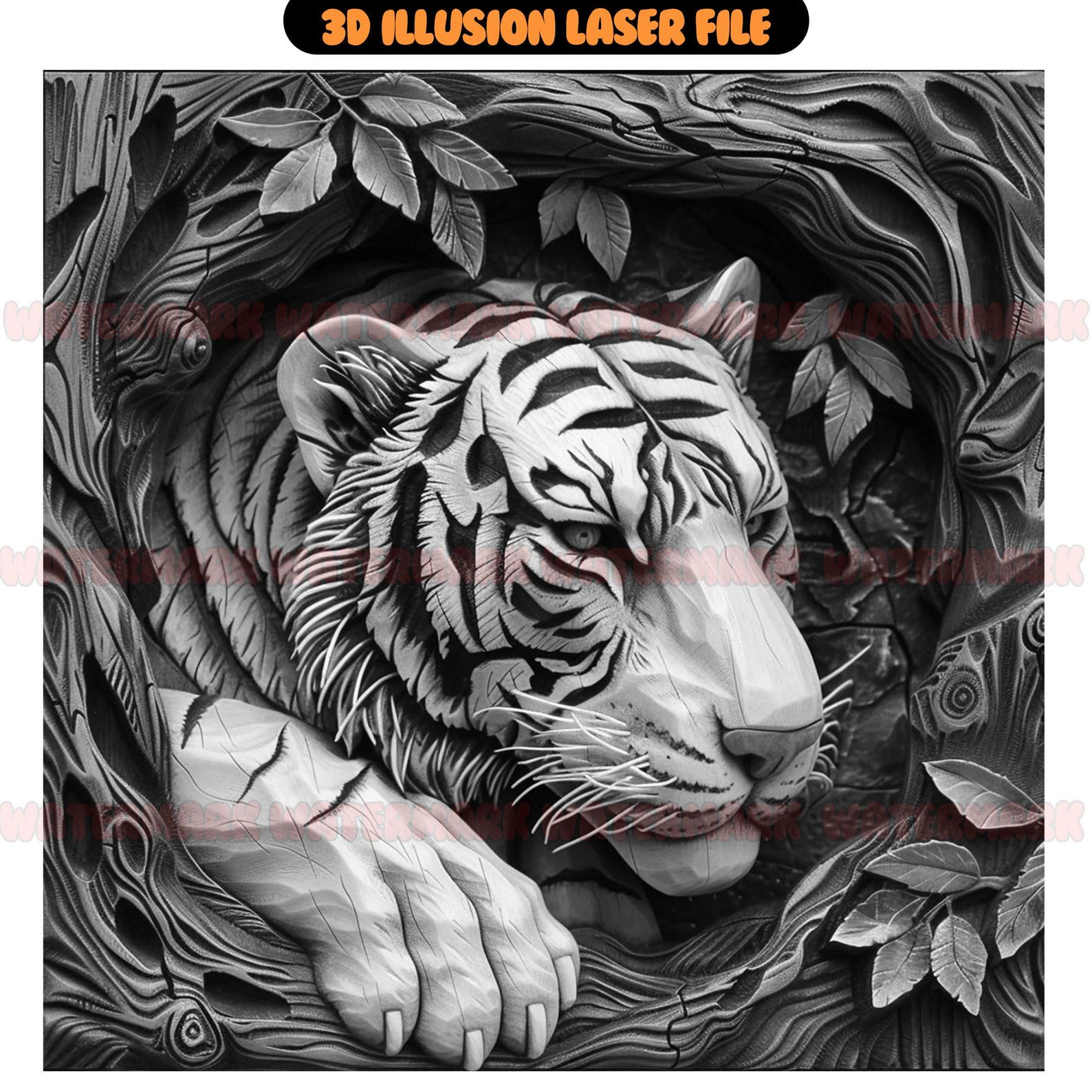 White Tiger 3D Illusion Laser Files Laserdatei Laser Burn PNG Lightburn ...