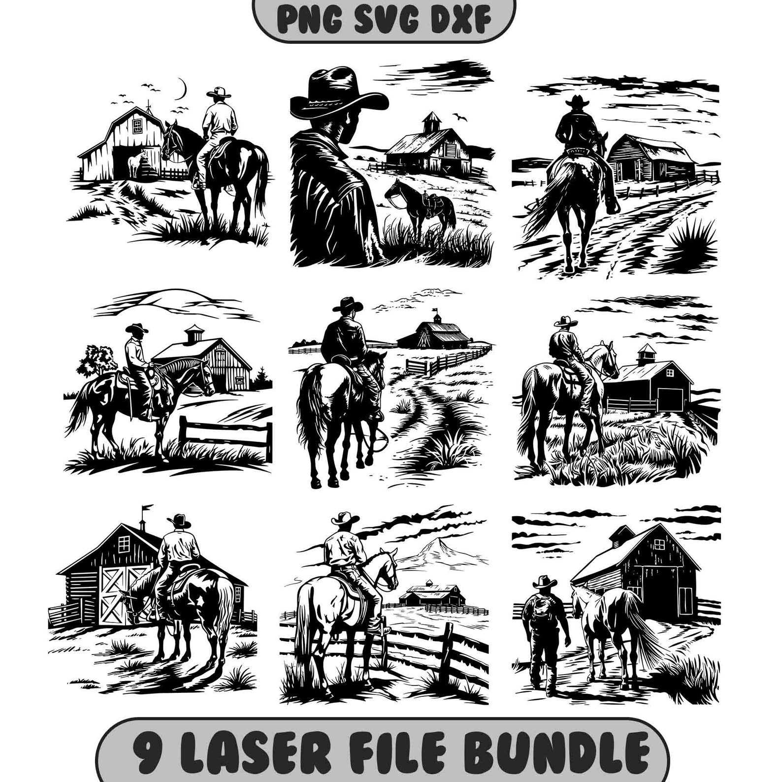 Cowboy Barn Farm PNG Bundle SVG DXF Laser Burn Wood Engrave Lightburn ...