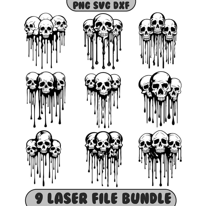 Dripping Melting Skulls PNG Bundle SVG DXF Laser Burn Wood Engrave Lightburn Laser File Digital ...