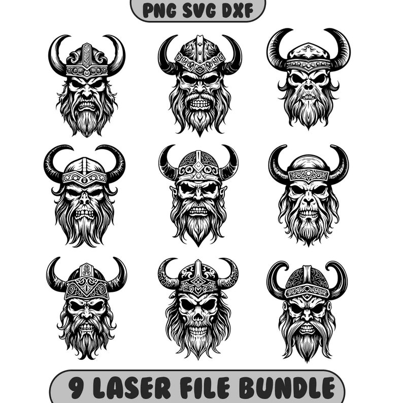 Viking Skull PNG Bundle SVG DXF Laser Burn Wood Engrave Lightburn Laser ...