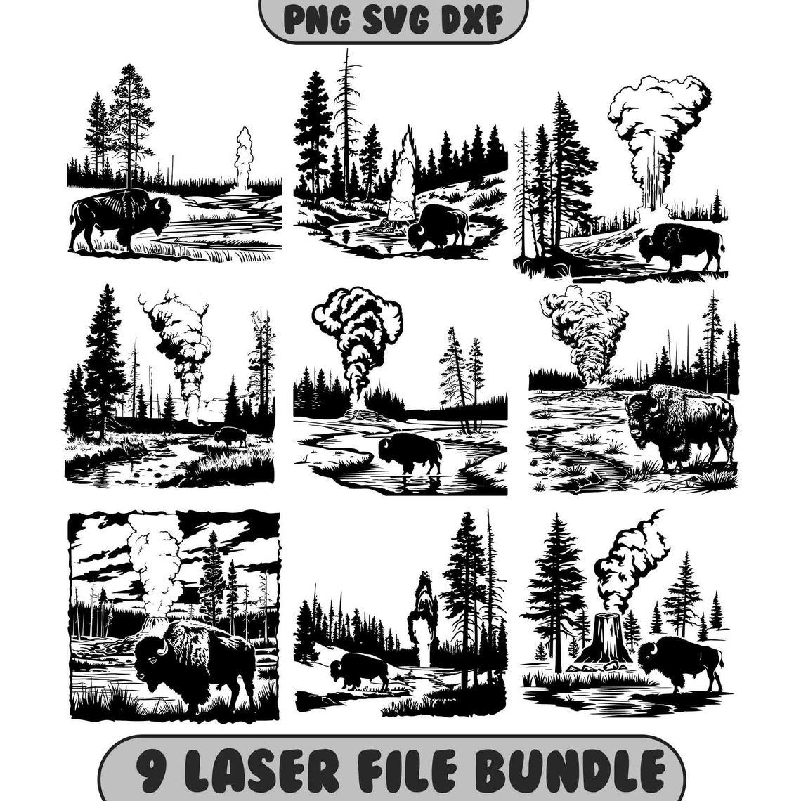 Yellowstone Geyser Bison PNG Bundle SVG DXF Laser Burn Wood Engrave ...