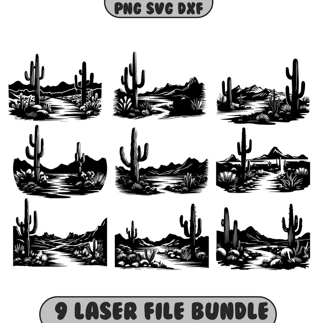 Desert Cactus Scene PNG Bundle SVG DXF Laser Burn Wood Engrave ...