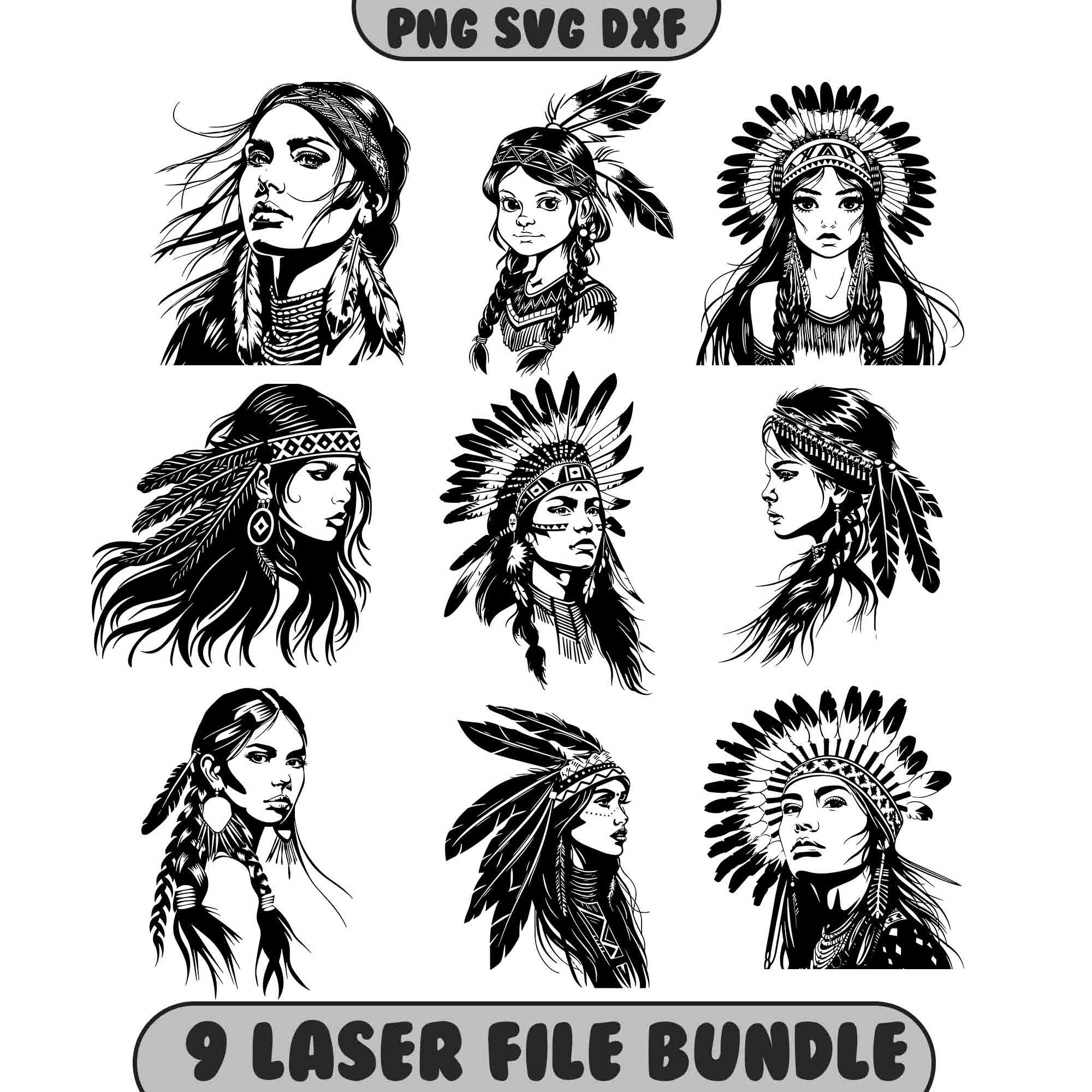 Native American Girl PNG Bundle SVG DXF Laser Burn Wood Engrave ...