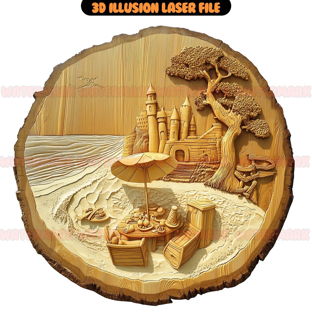 Beach Picnic Summer 3D Illusion Laser Files Laserdatei Laser Burn PNG ...