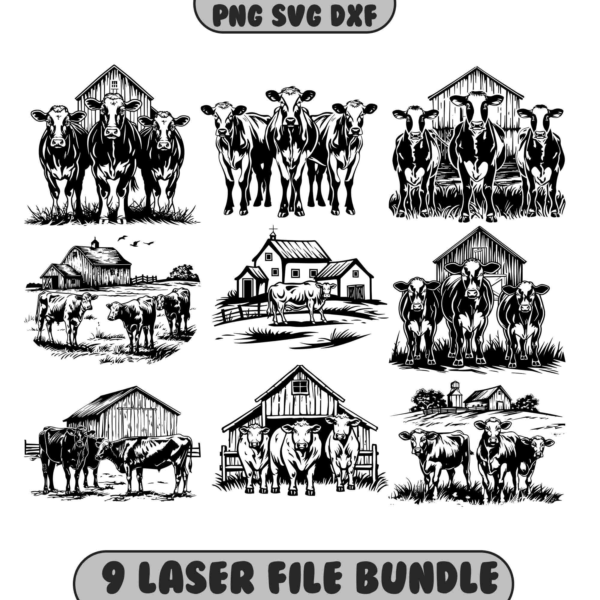 Cattle Farm Barn PNG Bundle SVG DXF Laser Burn Wood Engrave Lightburn ...
