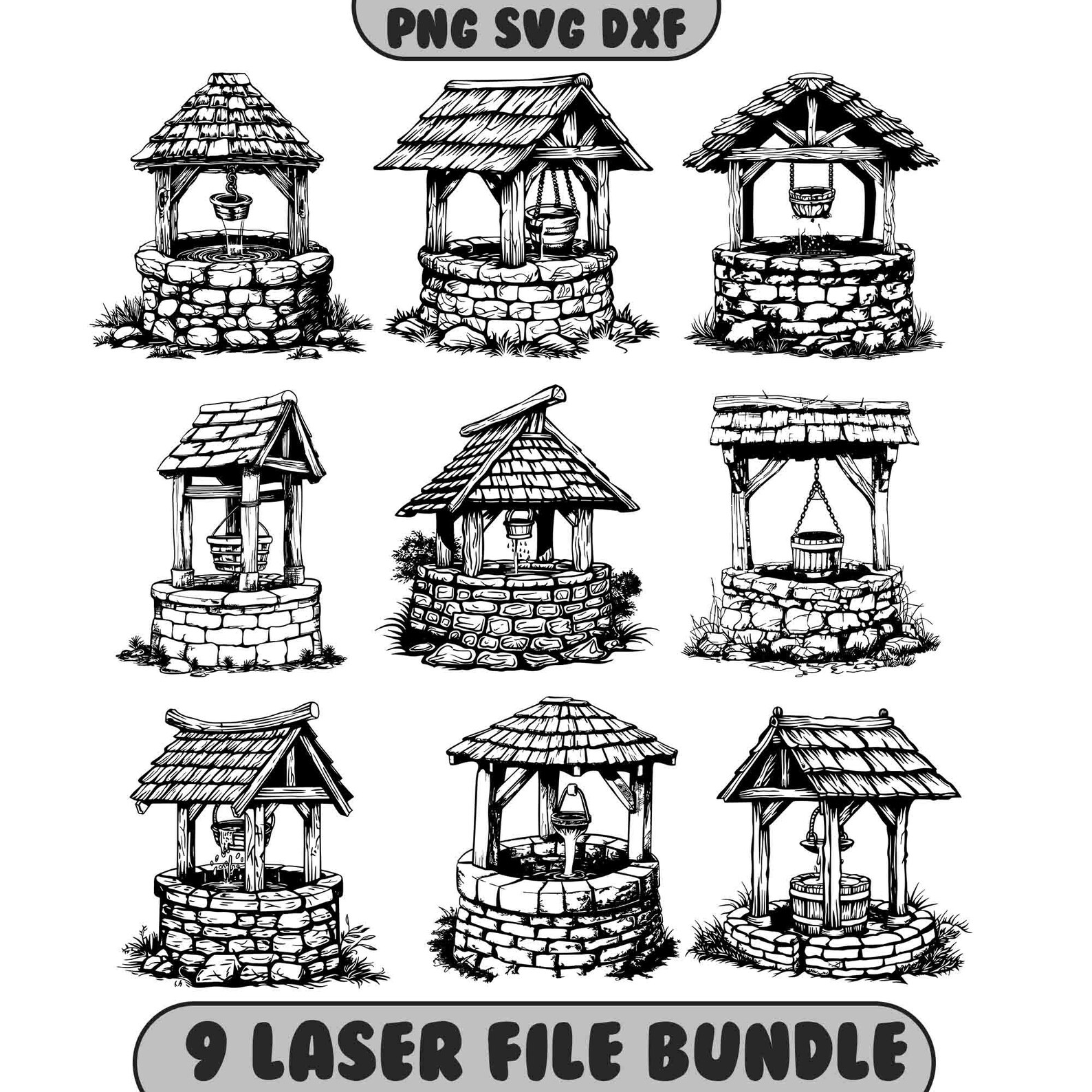 Water Well PNG Bundle SVG DXF Laser Burn Wood Engrave Lightburn Laser ...