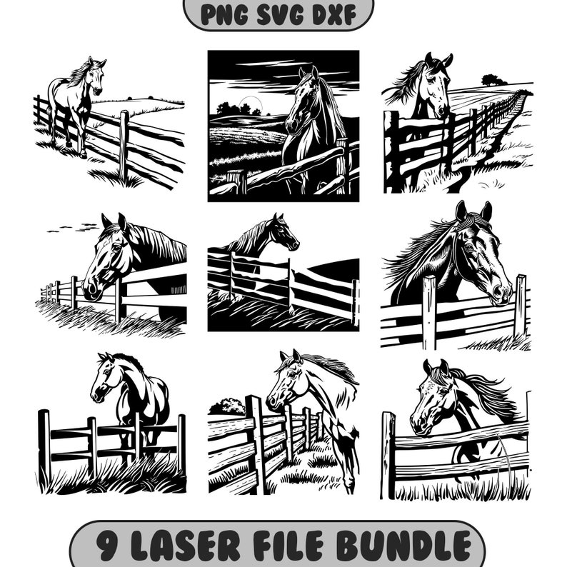 Horse Fence Farm PNG Bundle SVG DXF Laser Burn Wood Engrave Lightburn ...