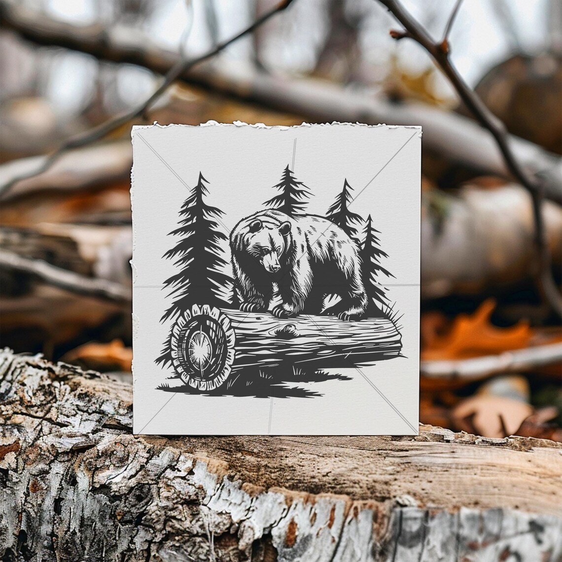 Grizzly Bear on Log PNG Bundle SVG DXF Laser Burn Wood Engrave ...