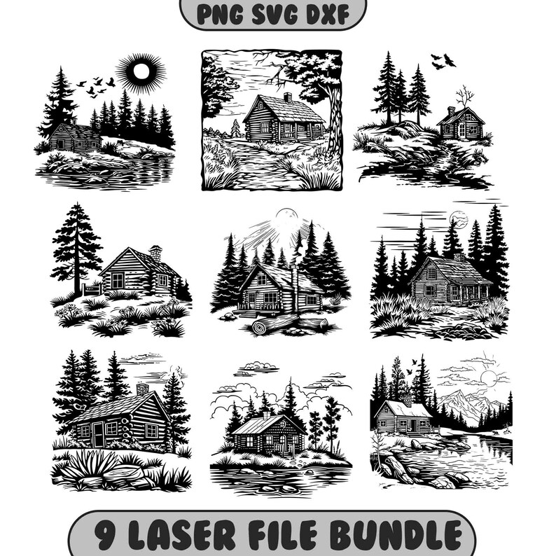 Log Cabin Summer PNG Bundle SVG DXF Laser Burn Wood Engrave Lightburn ...