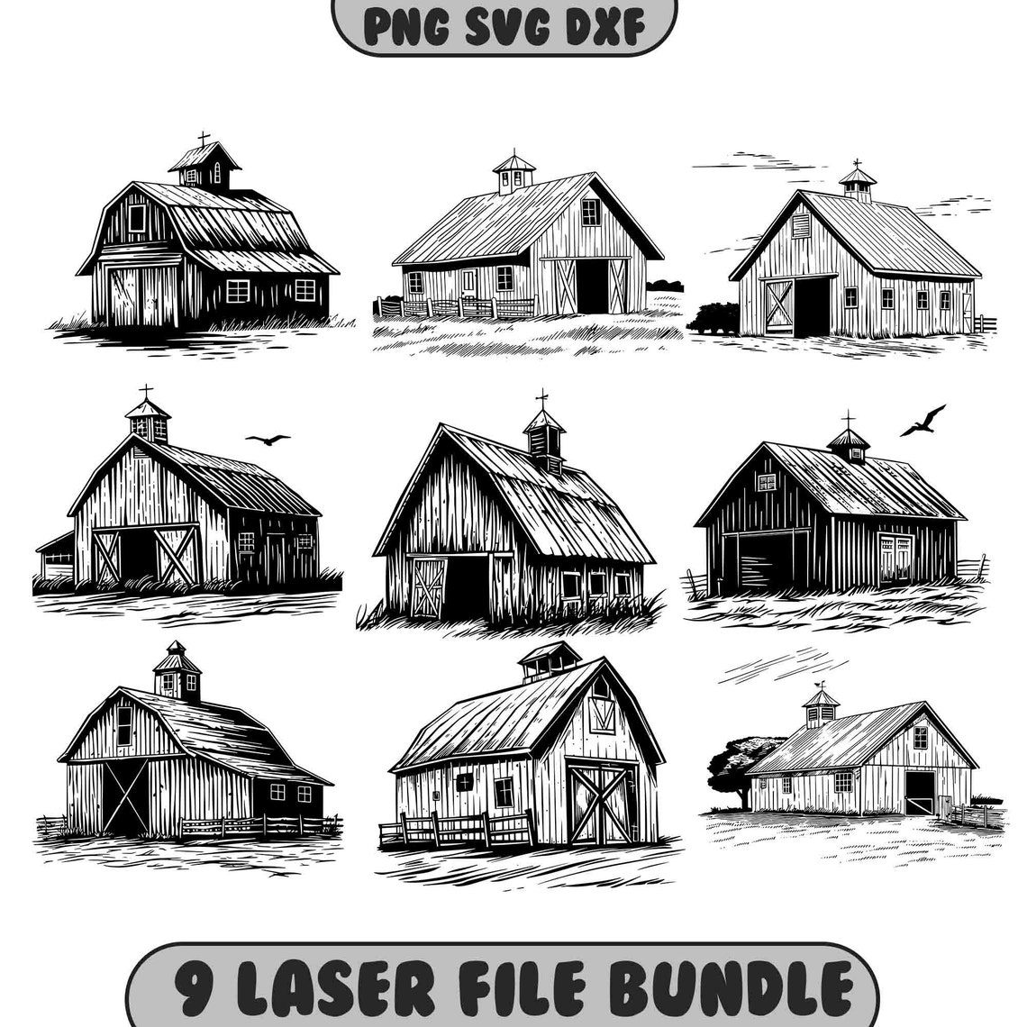 Rustic Barn PNG Bundle SVG DXF Laser Burn Wood Engrave Lightburn Laser ...