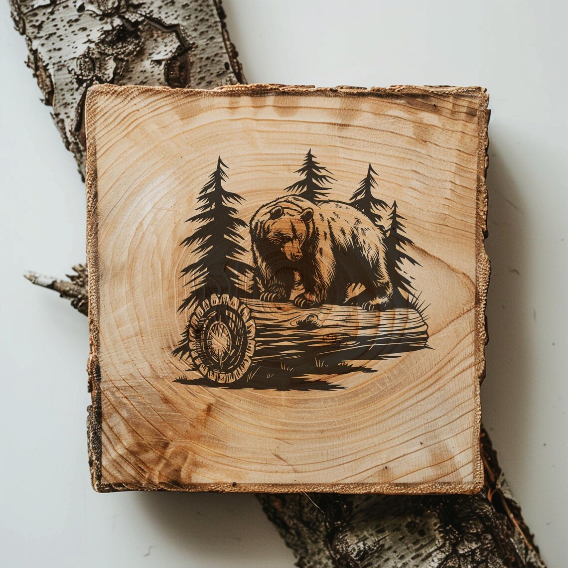 Grizzly Bear on Log PNG Bundle SVG DXF Laser Burn Wood Engrave ...