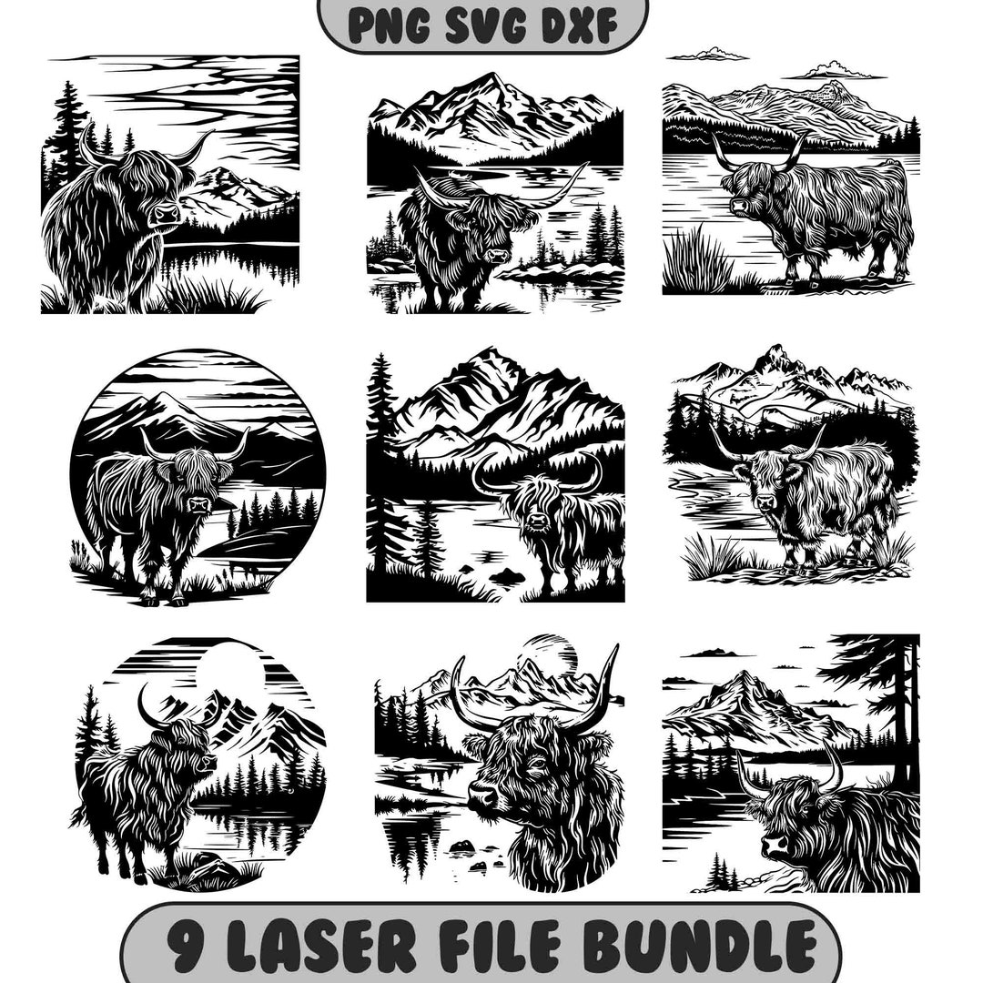 Highland Cow Mountain PNG Bundle | SVG | DXF | Laser Burn | Wood ...