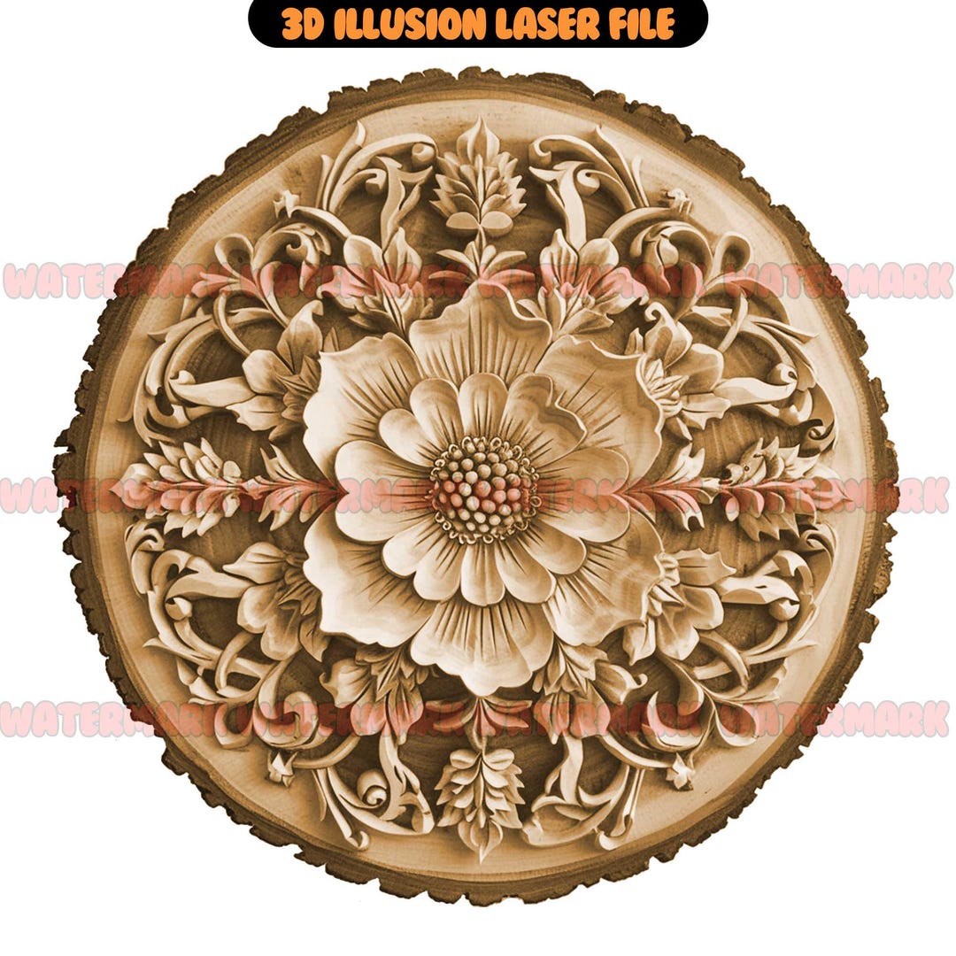 Wood Slice Flower 3D Illusion Laser Files Laserdatei Laser Burn PNG ...