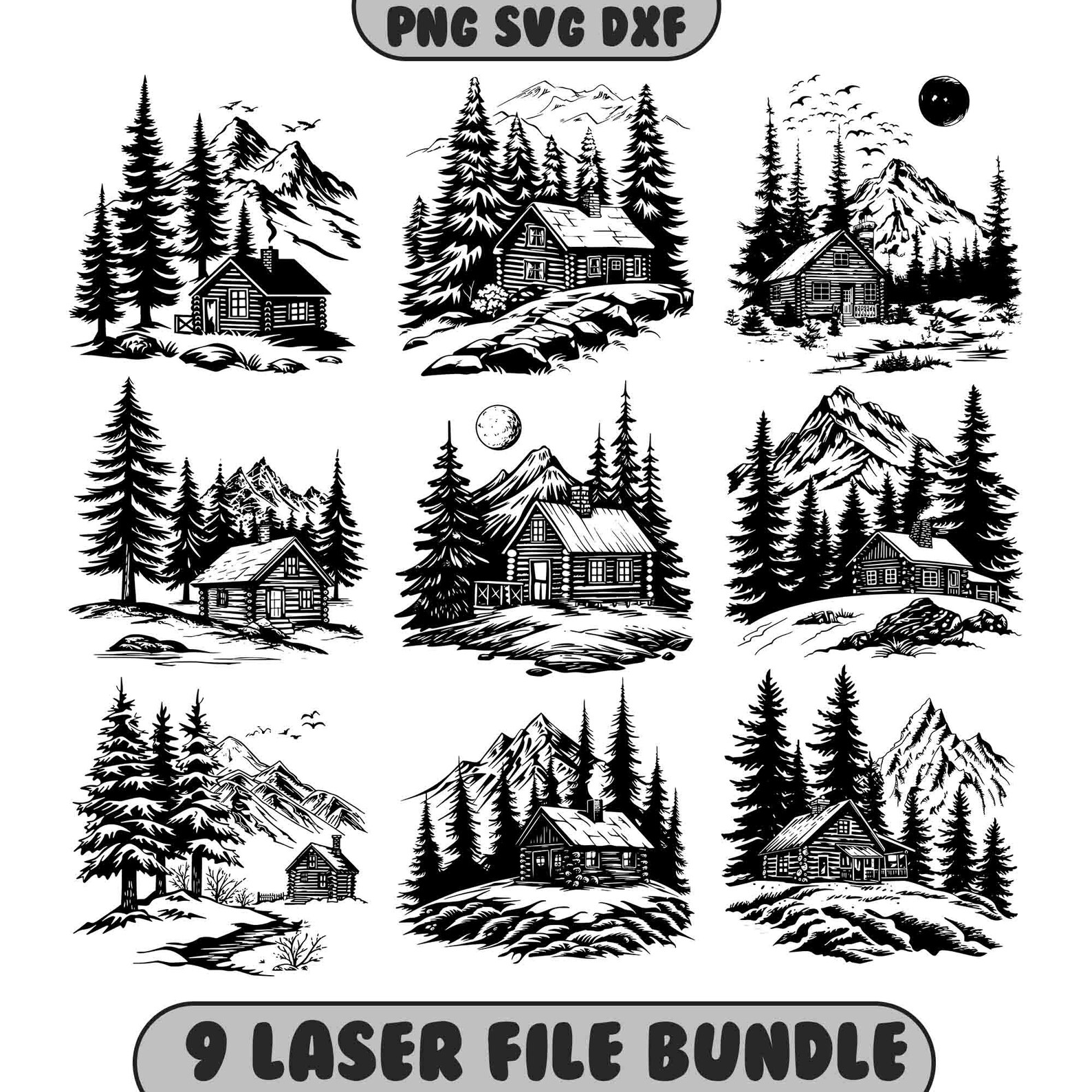 Log Cabin Pine Forest PNG Bundle | SVG | DXF | Laser Burn | Wood ...