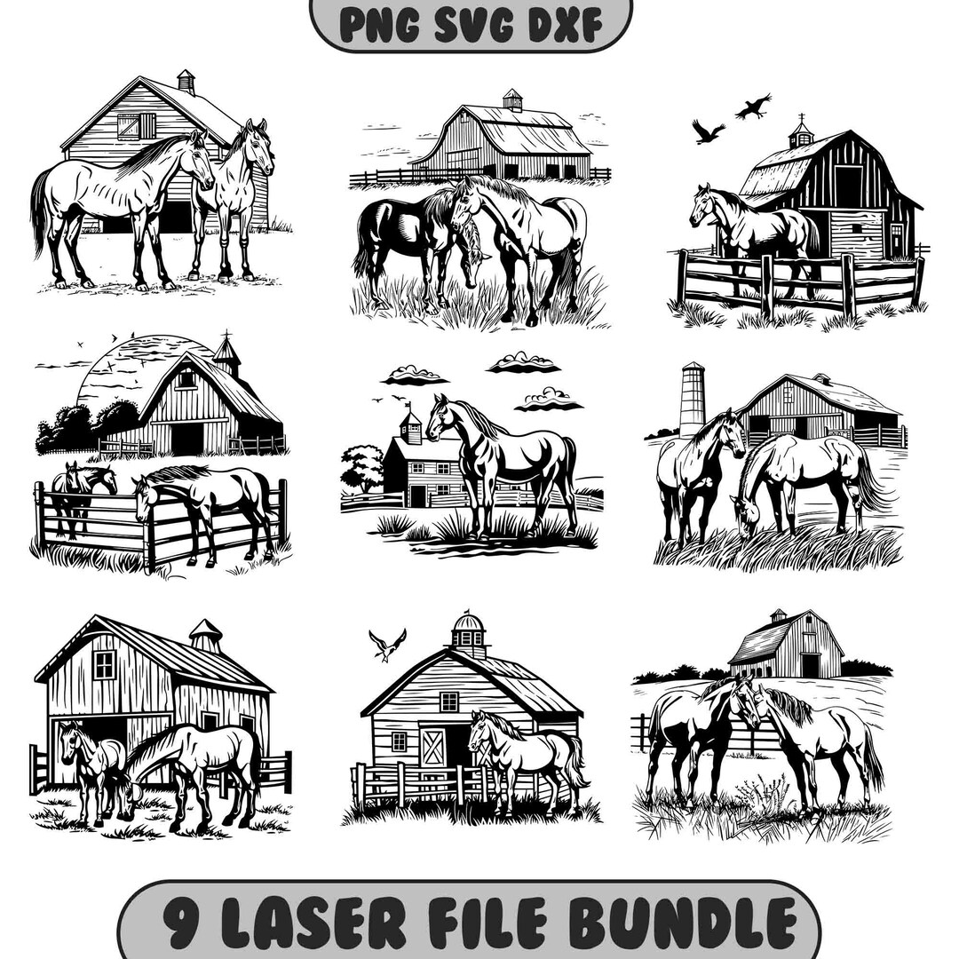 Horses Farm Barn PNG Bundle | SVG | DXF | Laser Burn | Wood Engrave ...