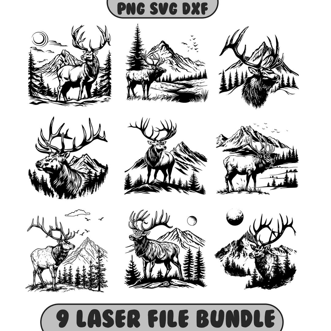 Elk Mountain Scene PNG Bundle SVG DXF Laser Burn Wood Engrave Lightburn ...
