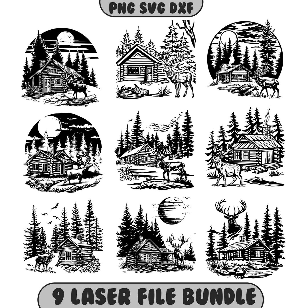 Elk Deer Log Cabin PNG Bundle | SVG | DXF | Laser Burn | Wood Engrave ...