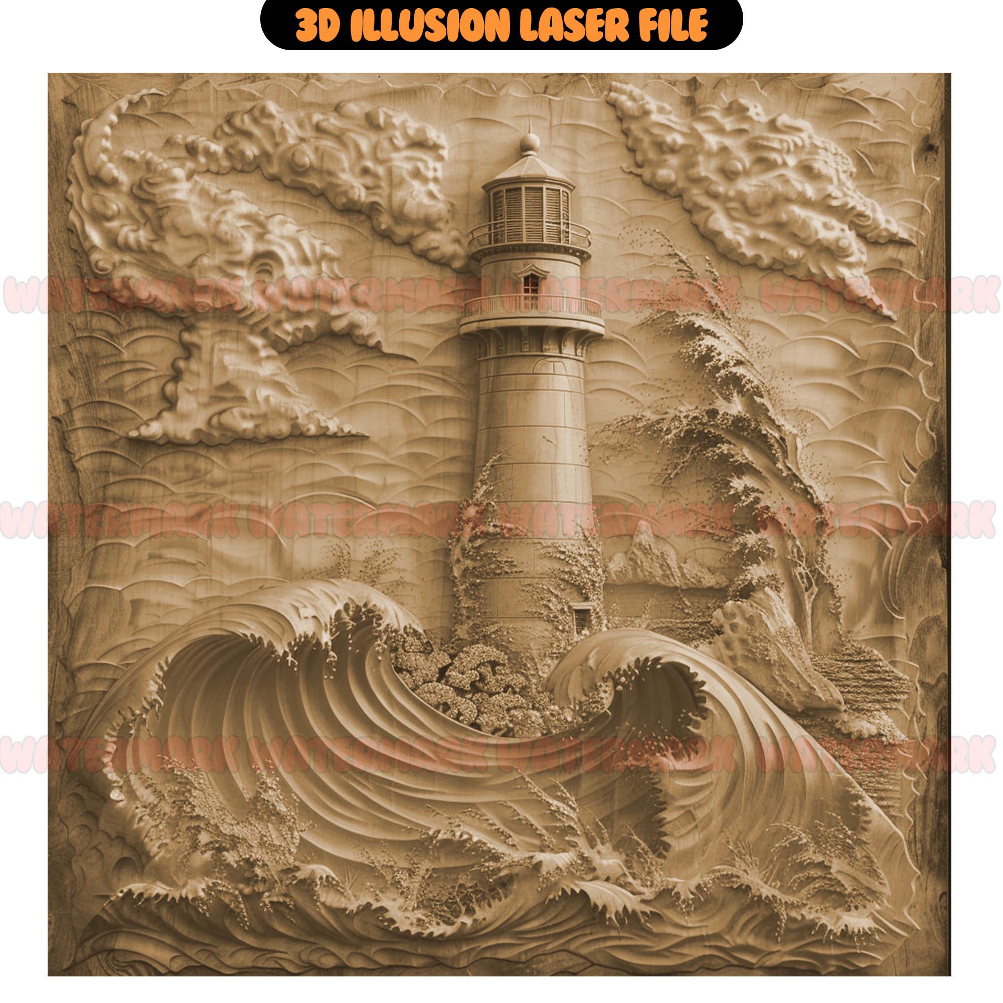 Lighthouse Scene 3D Illusion Laser Files Laserdatei Laser Burn PNG Lightburn - 4 Different PNG ...