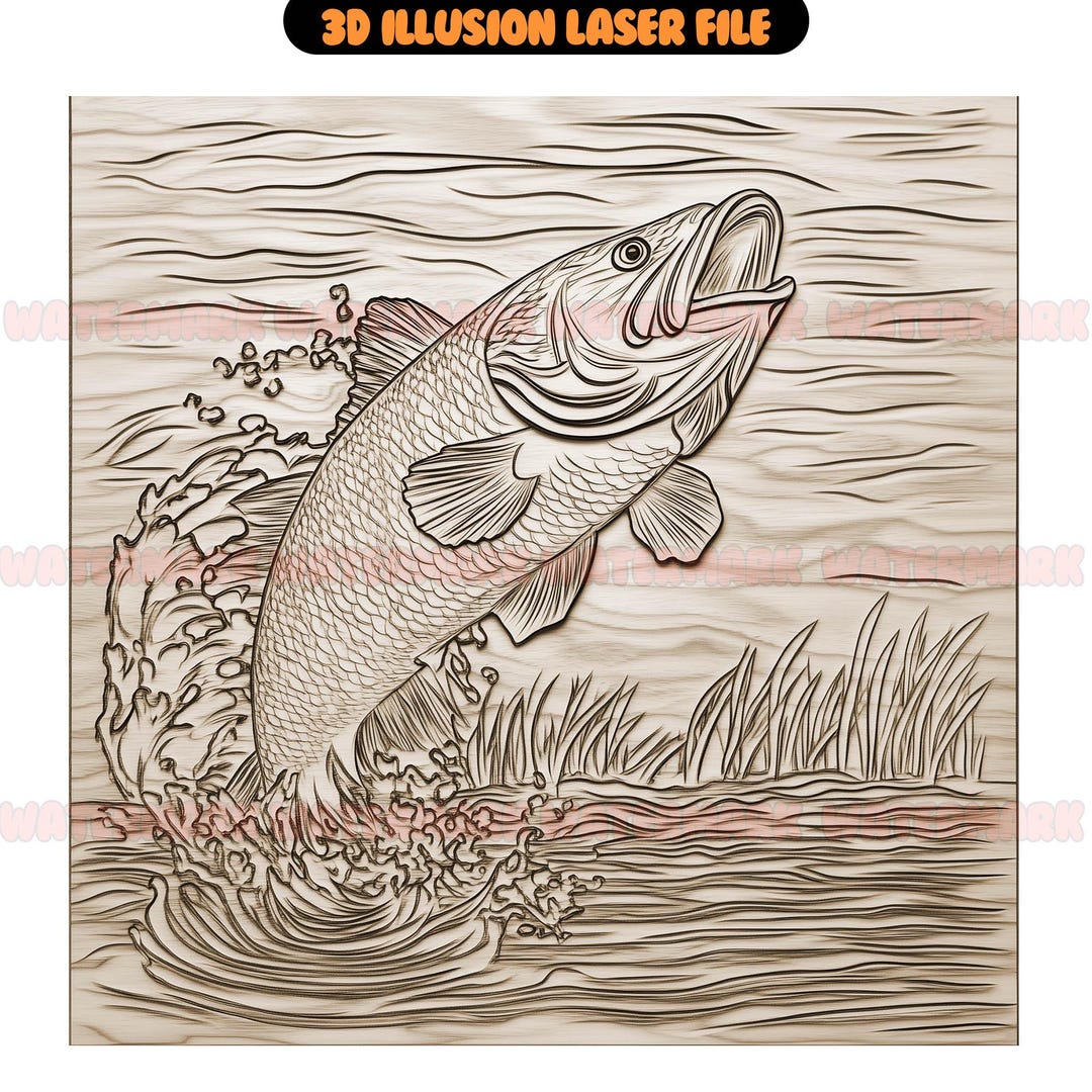 Bass Fish Jumping 3D Illusion Laser Files Laserdatei Laser Burn PNG ...