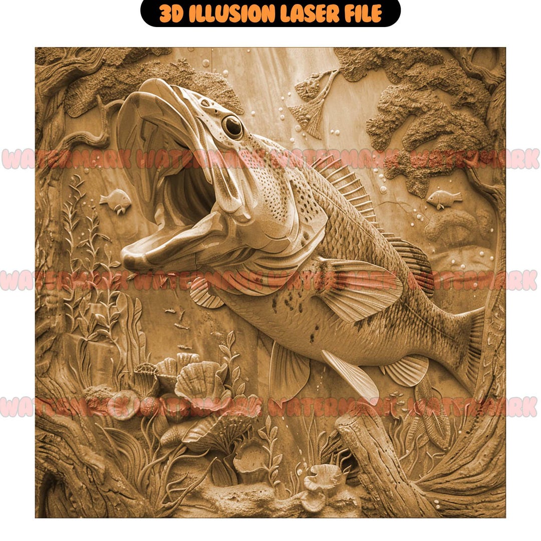 Bass Fish 3D Illusion Laser Files Laserdatei Laser Burn PNG Lightburn ...